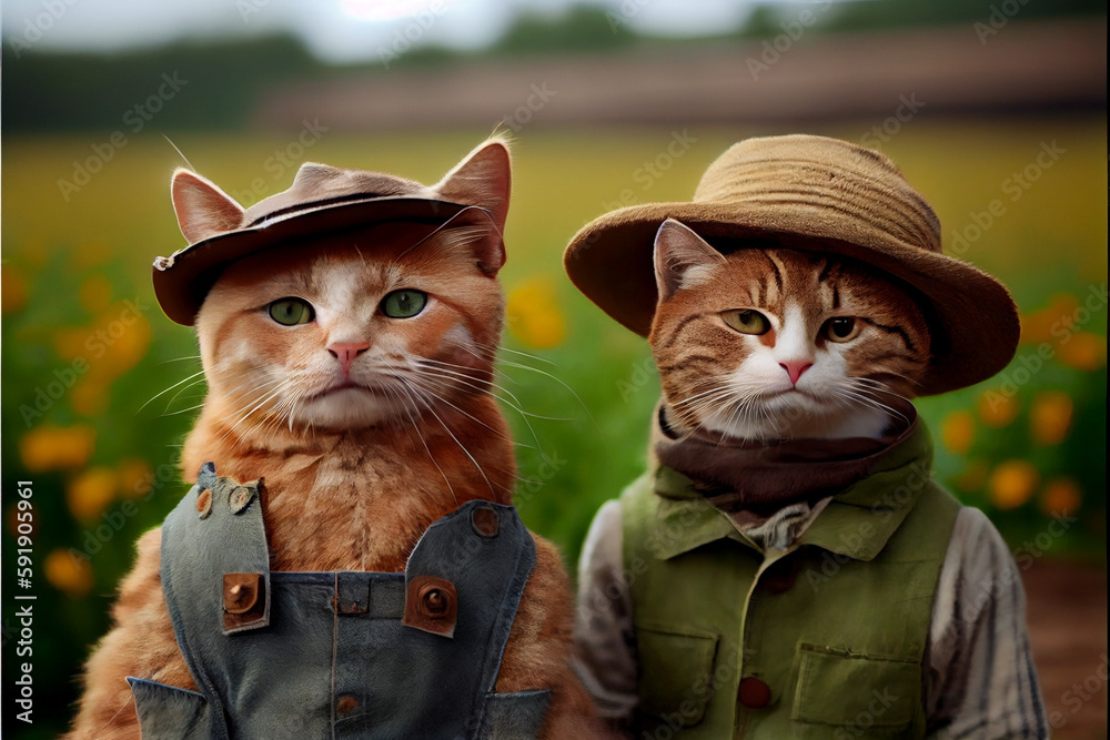 A married family couple of cats, husband and wife, are dressed as ...