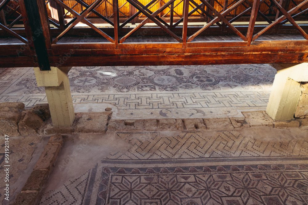 Paphos, Cyprus - September 29, 2022: Ancient mosaics in remains of ...