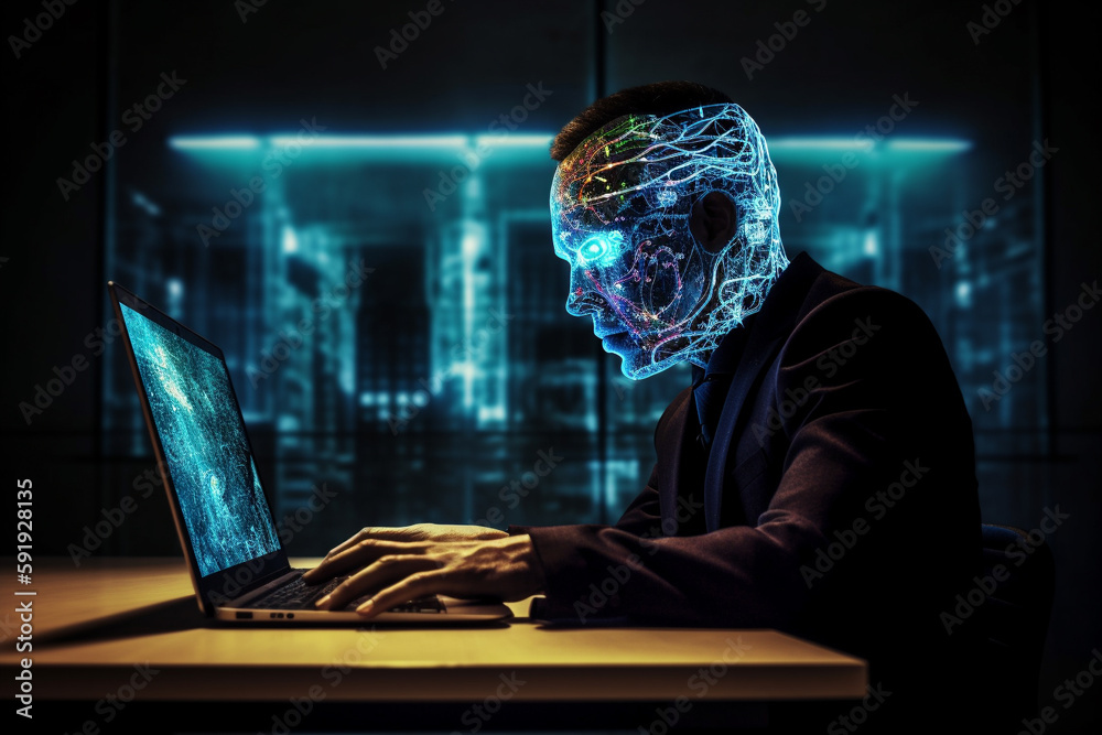 Humanoid cyborg with half robot face typing on a computer, representing ...