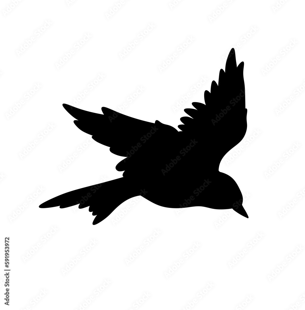 Vector isolated one single flying bird side view colorless black and ...
