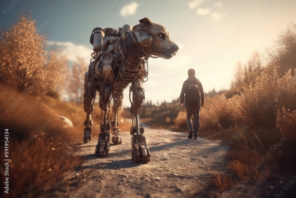 The photo shows a robotic dog outdoors, standing next to a human ...