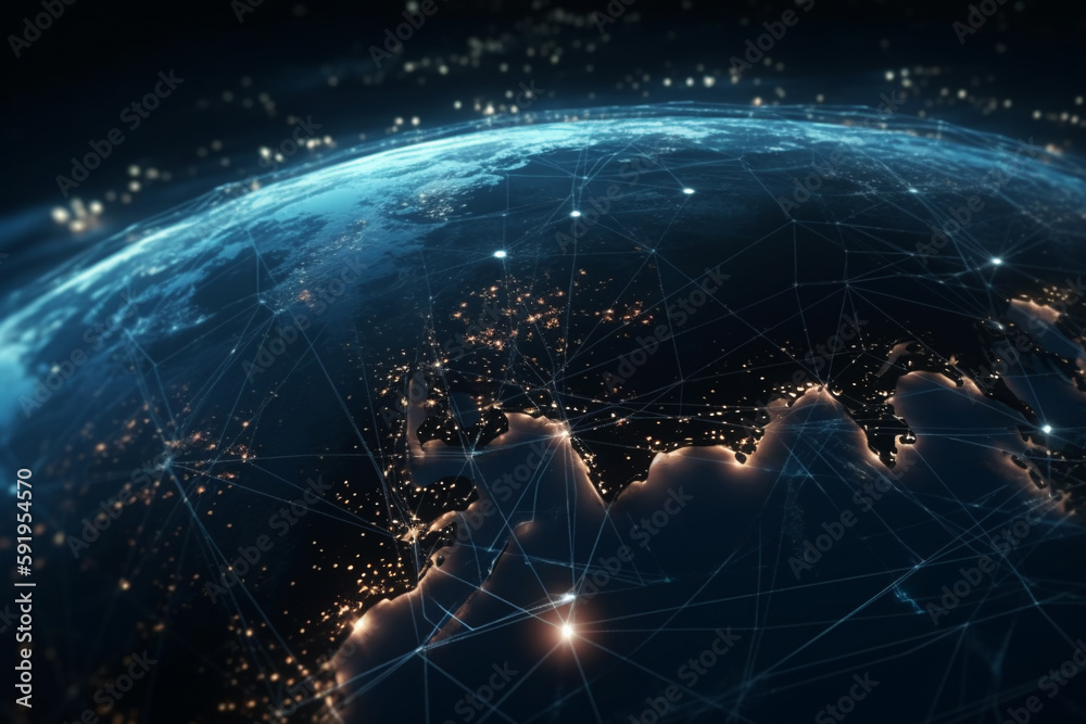 Global network connection covering the earth with lines of innovative ...
