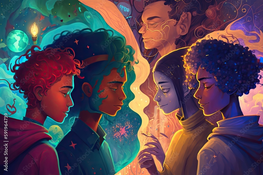 Generative AI illustration of a multiverse of speech, a fantasy world ...