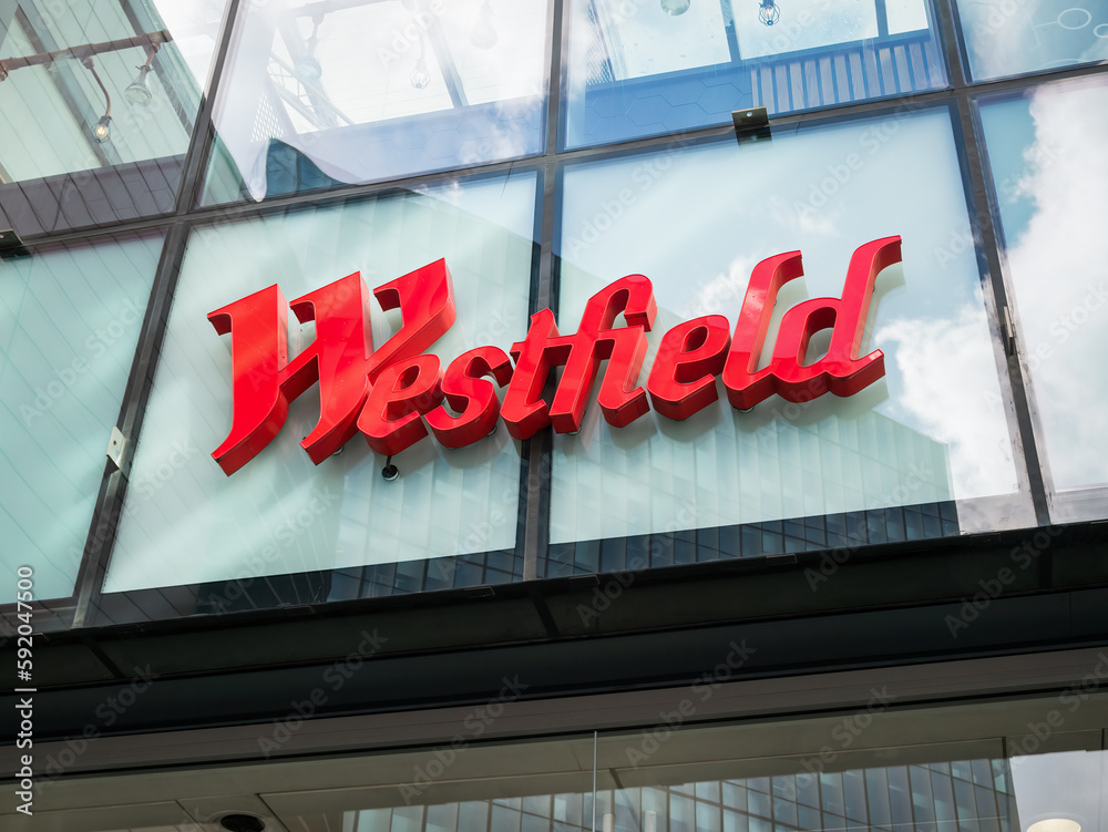 London, UK, April 8th 2023:Westfield Stratford City shopping centre red ...