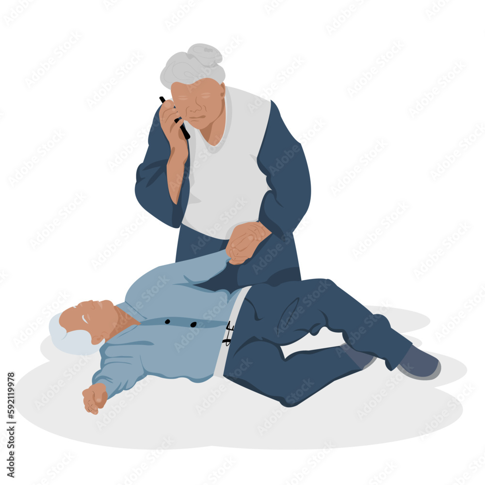 Old woman is calling emergency and taking care and Old man falling ...