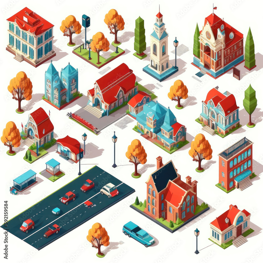 sprite sheet of of isometric vector art, city buildings, streets river ...