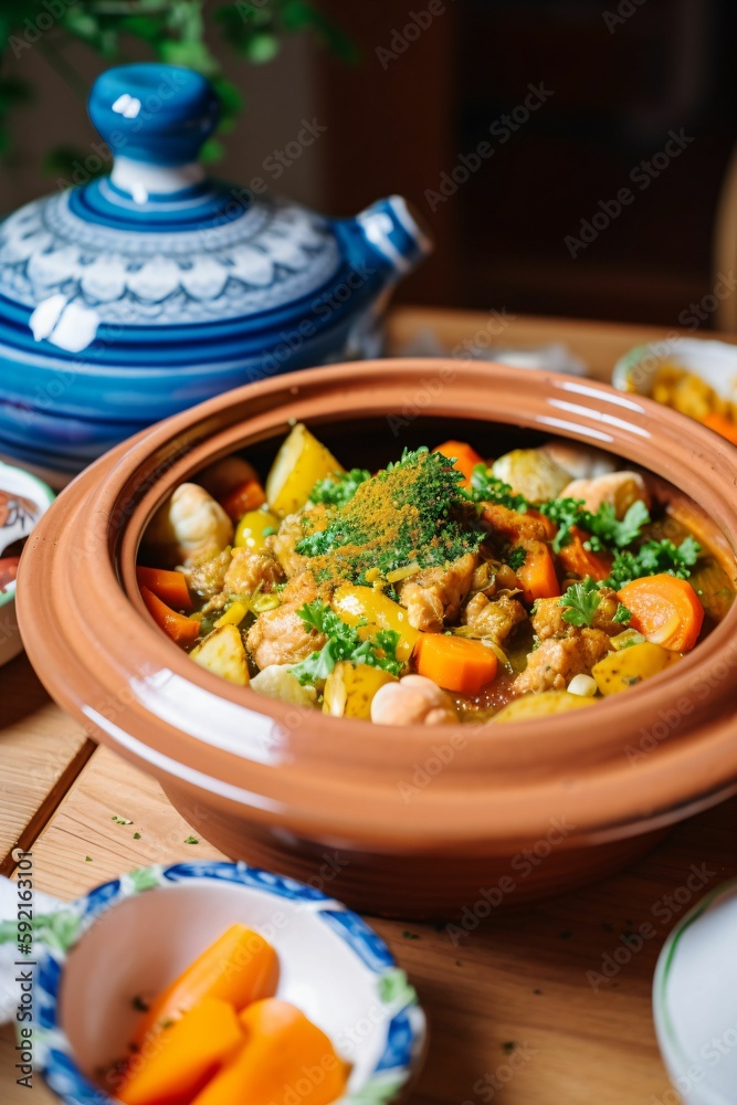 Tajine marocain, poulet légumes et coriandre, dans un plat en terre ...