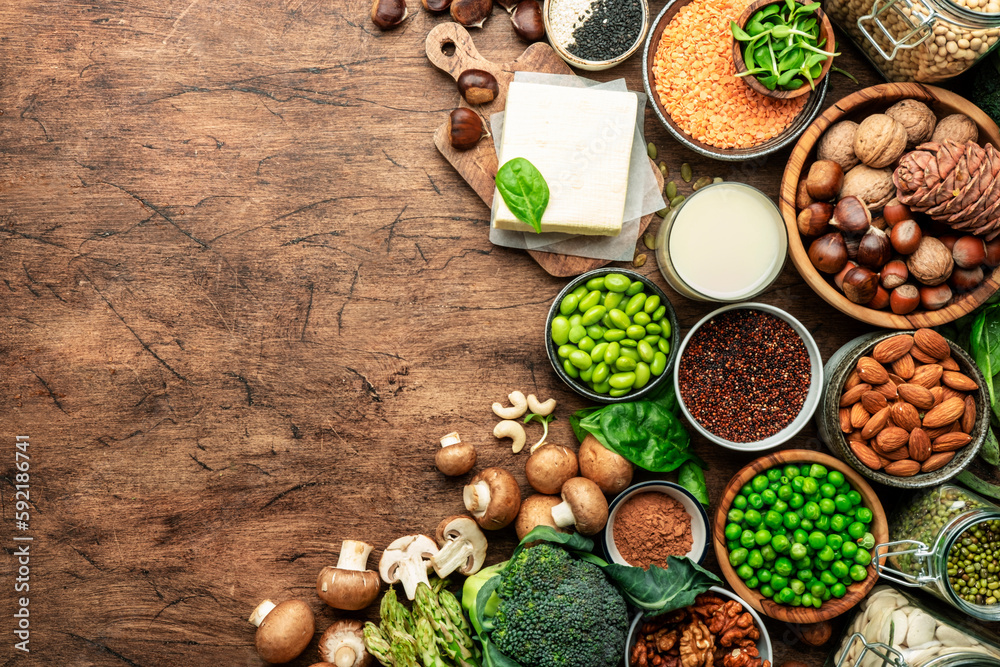 Vegan protein food background. Full set of plant based vegetarian food ...