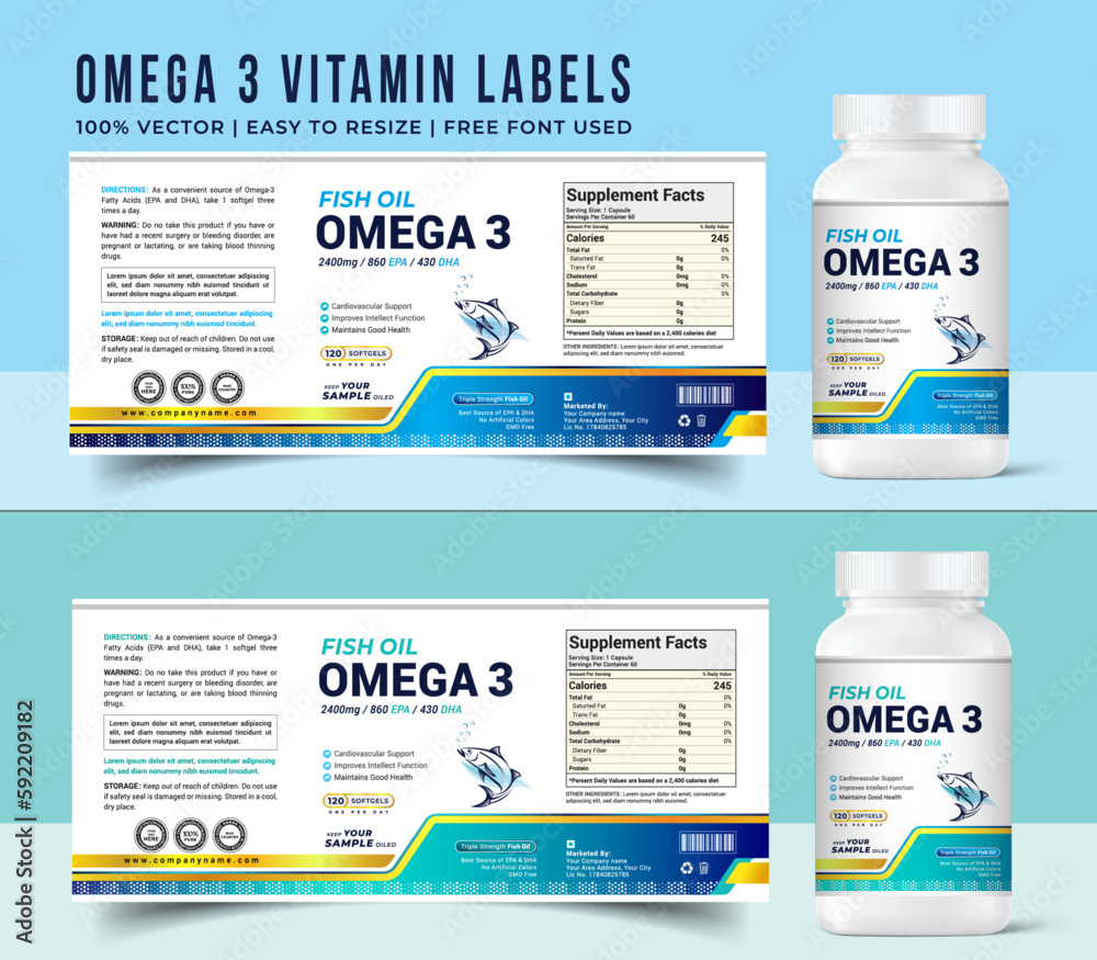 Omega 3 label food supplement vitamin softgel tablet label with fish ...