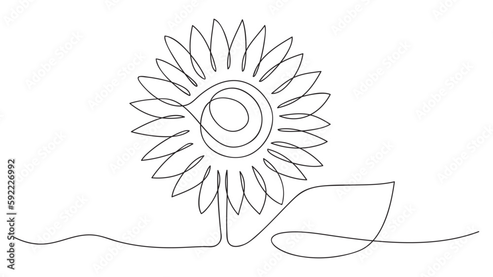 One line sunflower element. Black and white monochrome continuous ...