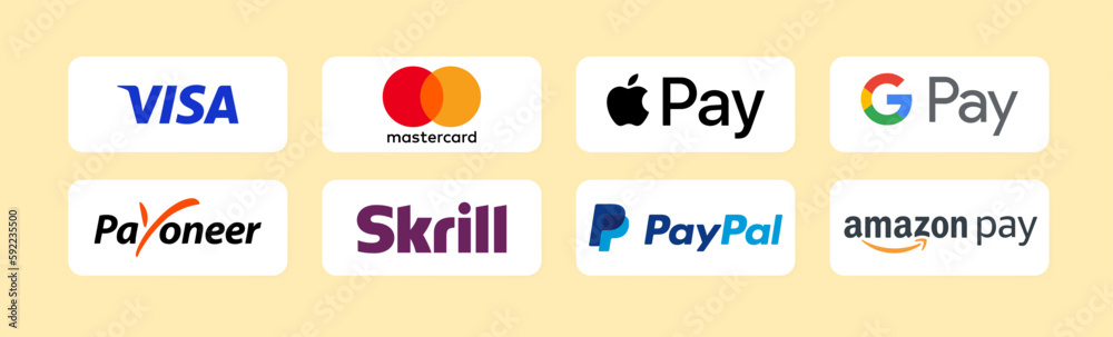 Mastercard; Visa; paypal; Amazon; Apple Pay; Google drink; payoneer ...