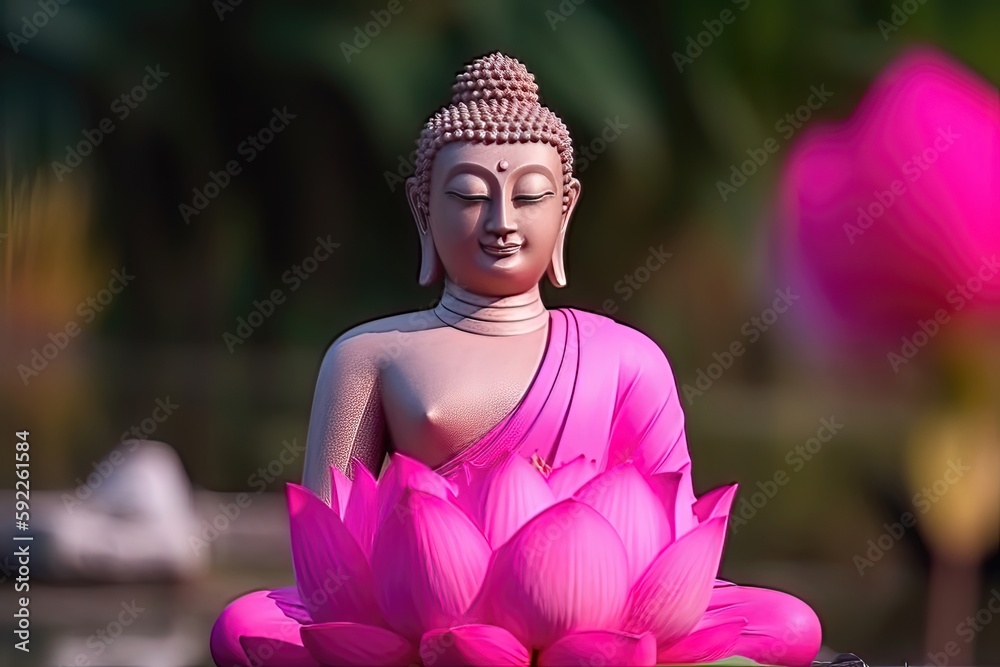Bouddha dans le bouddhisme est assis sur un beau lotus rose. Gautama ...