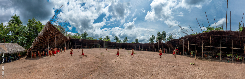 Aerial of a shabono (yanos), the traditional communal dwellings of the ...