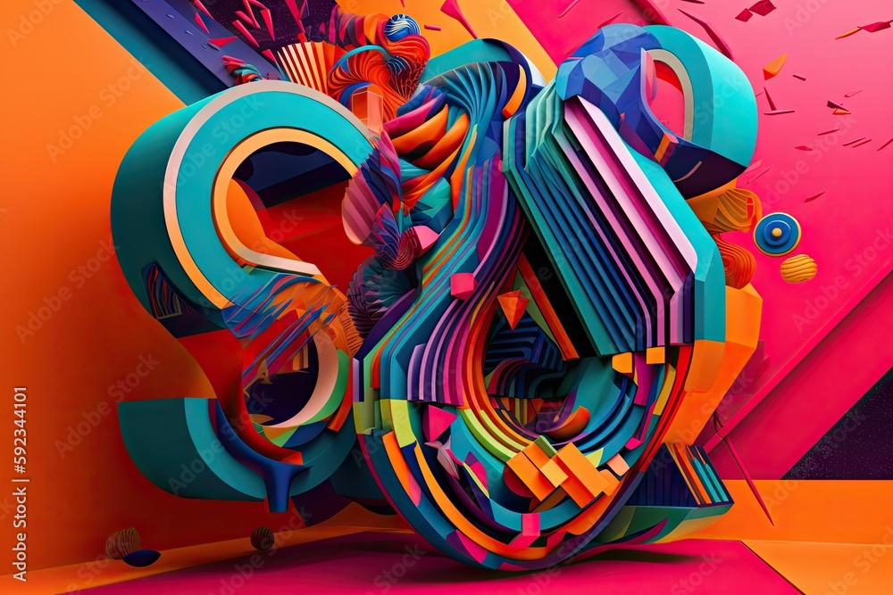 psychedelic typography and lettering of geometric shapes, with vibrant ...