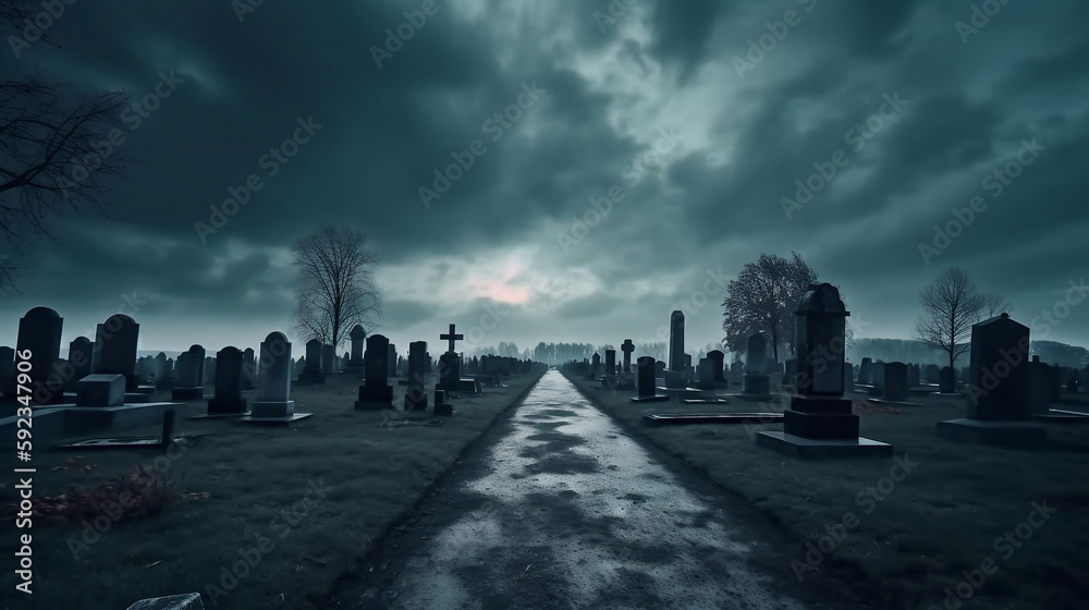 Cemetery or graveyard in the night with dark sky and white clouds ...