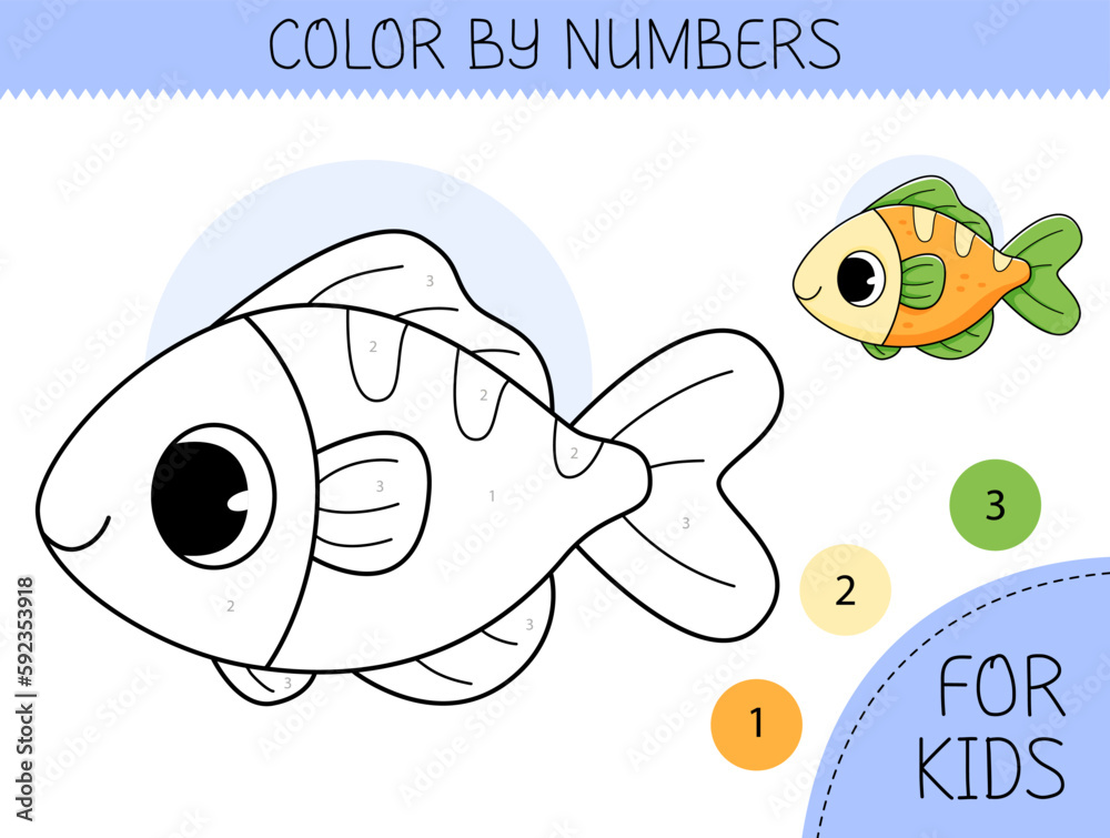 Color by numbers coloring page for kids with fish. Coloring book with ...