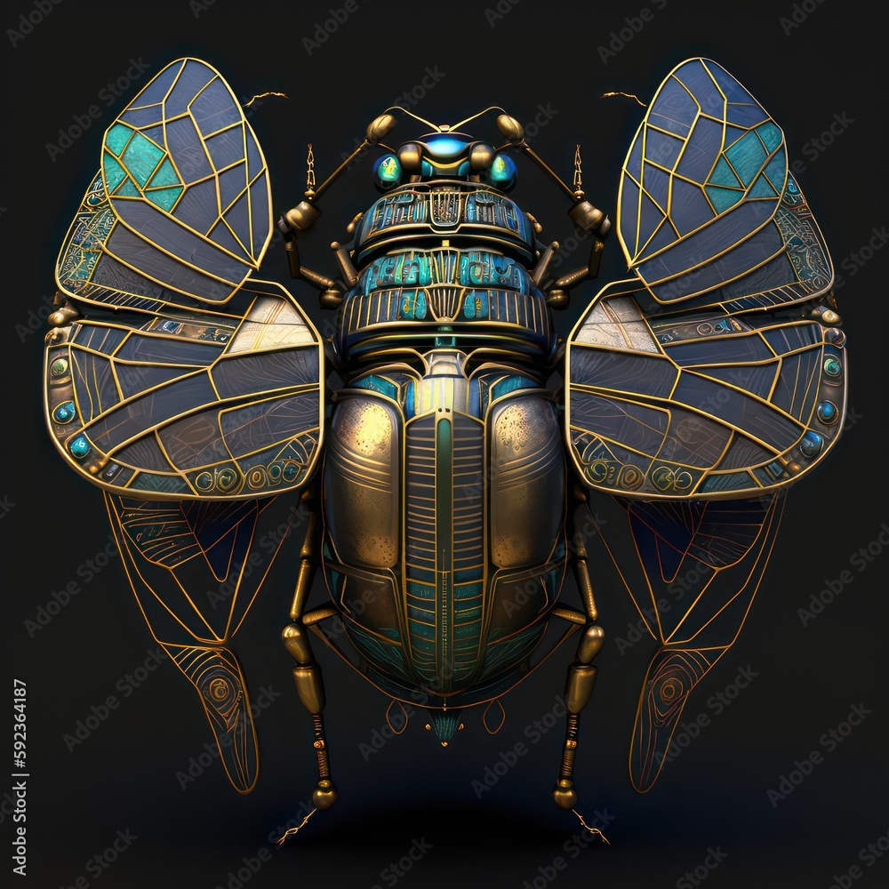 Egyptian scarab made of gold springs and wire stained glass. Fantasy ...