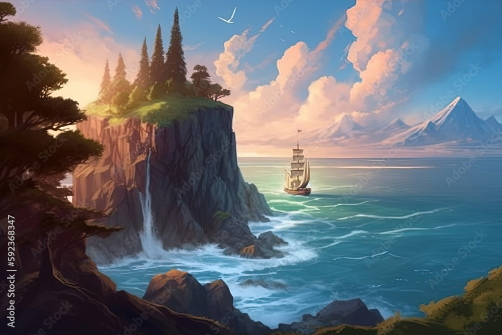 A digital art landscape illustrating a fantasy sea scenery ...