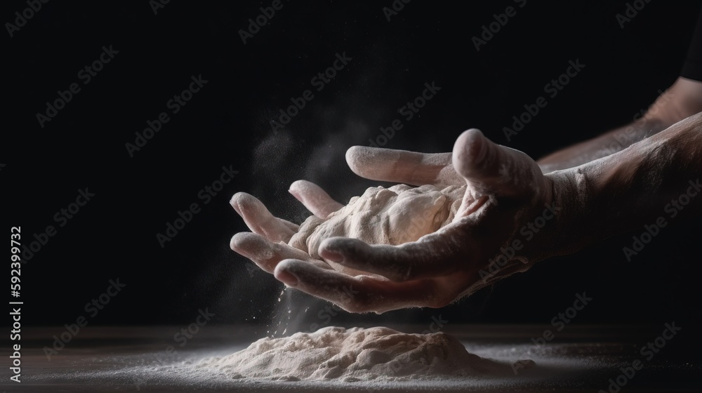 a person holding a ball of flour in their hands on a black background ...