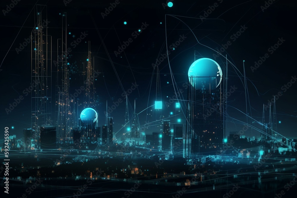 Raster illustration of Communication towers with neon blue wires ...
