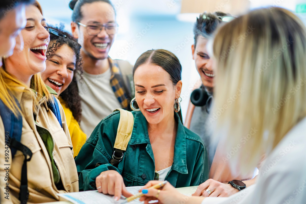 Group of young people check in hotel at reception desk- Happy tourists ...