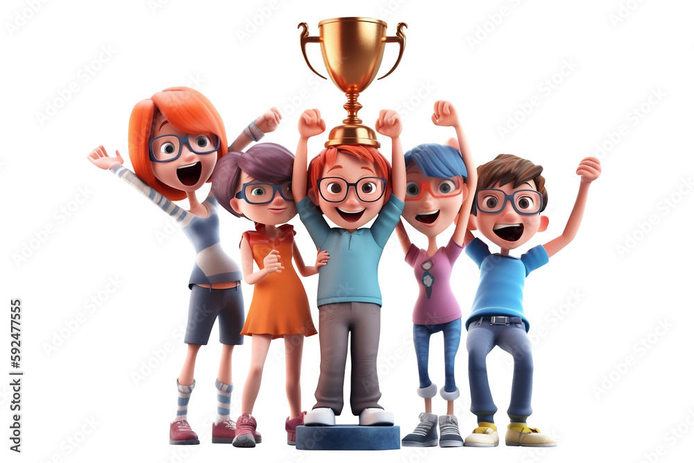 3D cartoon character cute group of people student kids holding a trophy ...