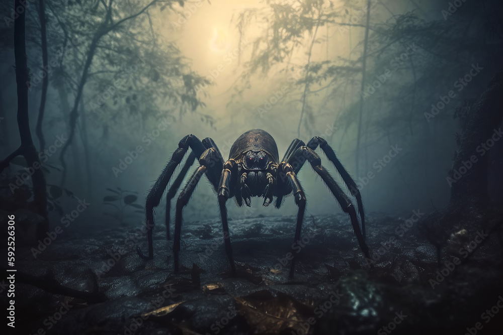 giant spider monster in forest at night. Spiders phobia and nightmare ...