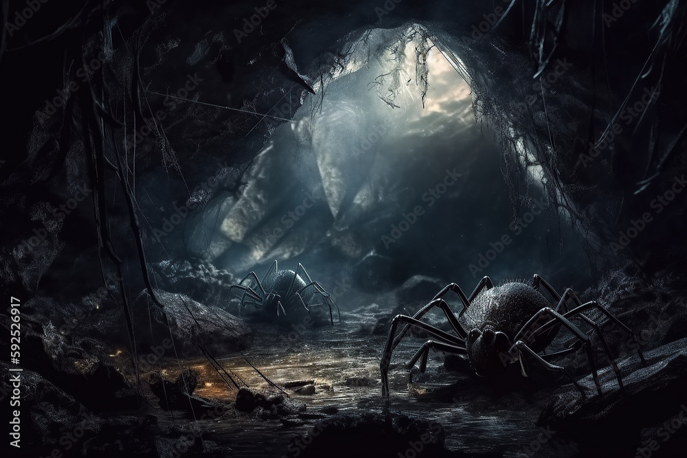 huge scary spiders in web in cave at night in dark. Arachnophobia ...