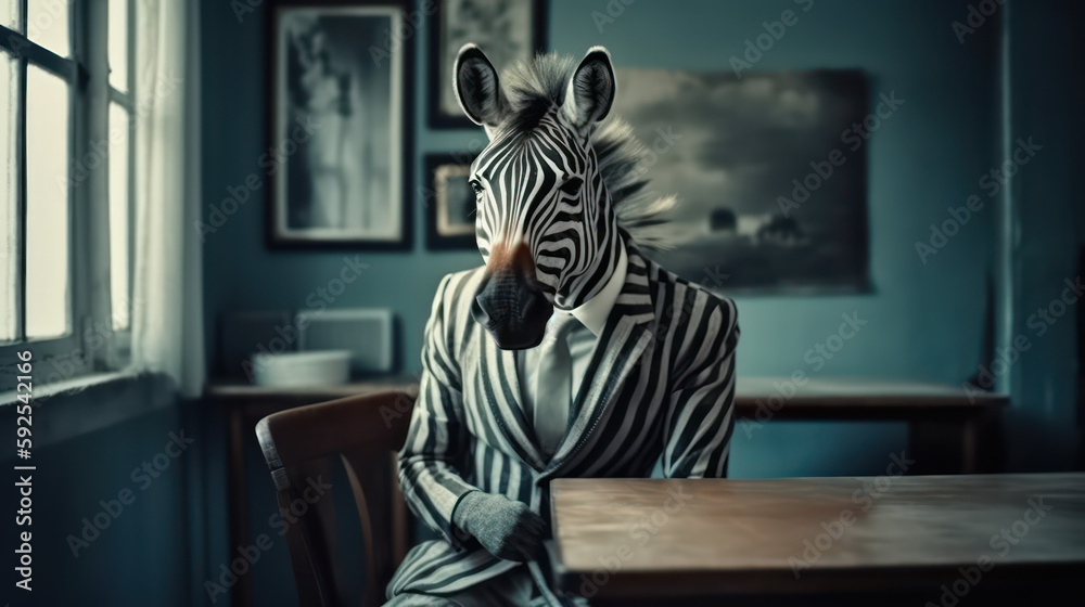 portrait of a zebra in a suit and tie, in light modern office space ...