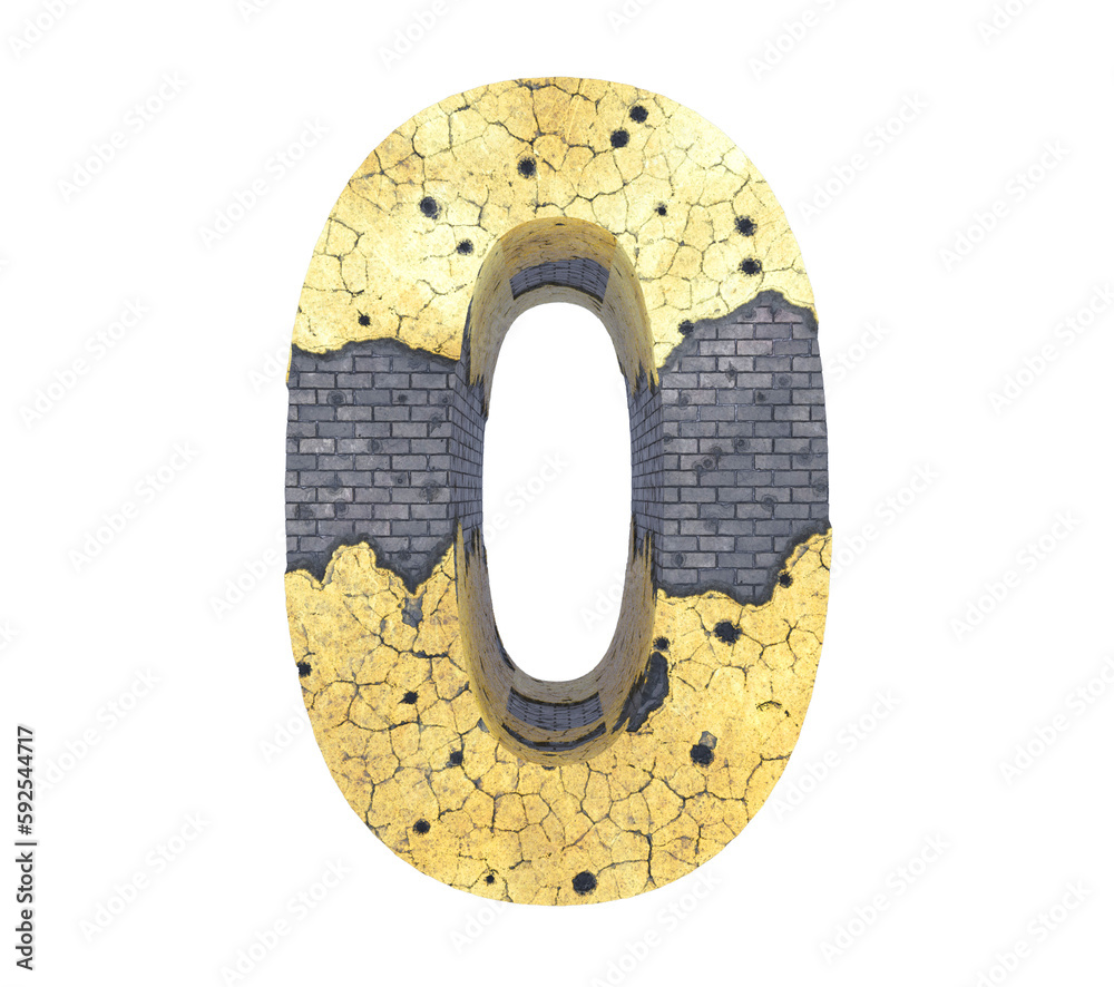 Damaged yellow painted wall 3D number 0 isolated on white background ...