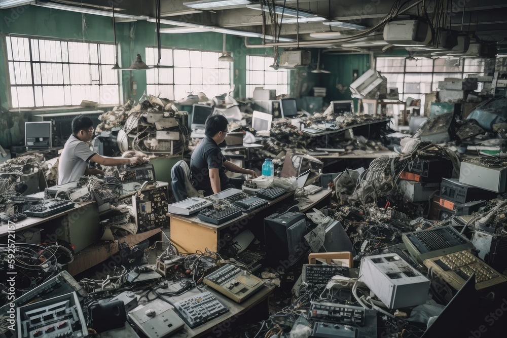 Stock-Illustration „e-waste recycling plant, with workers sorting and dismantling various types ...