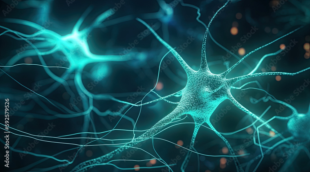 Conceptual illustration of neuron cells with glowing link knots. Blue green Neurons in brain on ...
