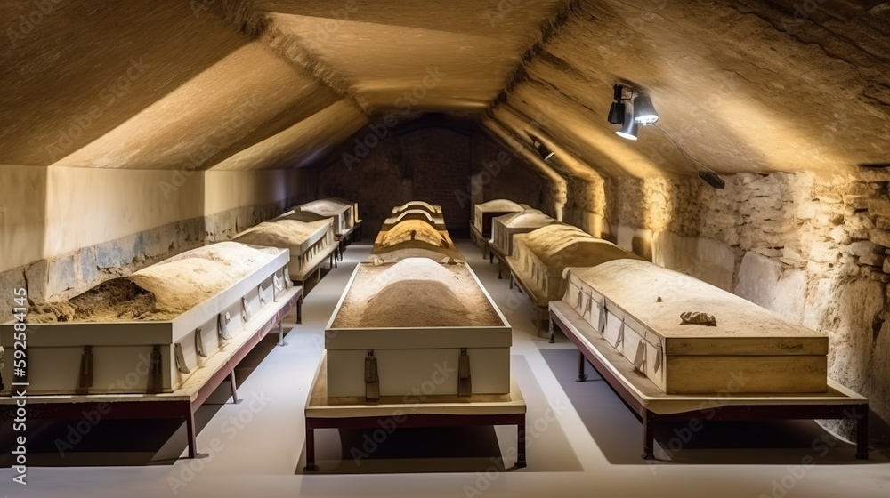 Heavy coffins lie on the sand floor in a very small old dusty cemetery ...