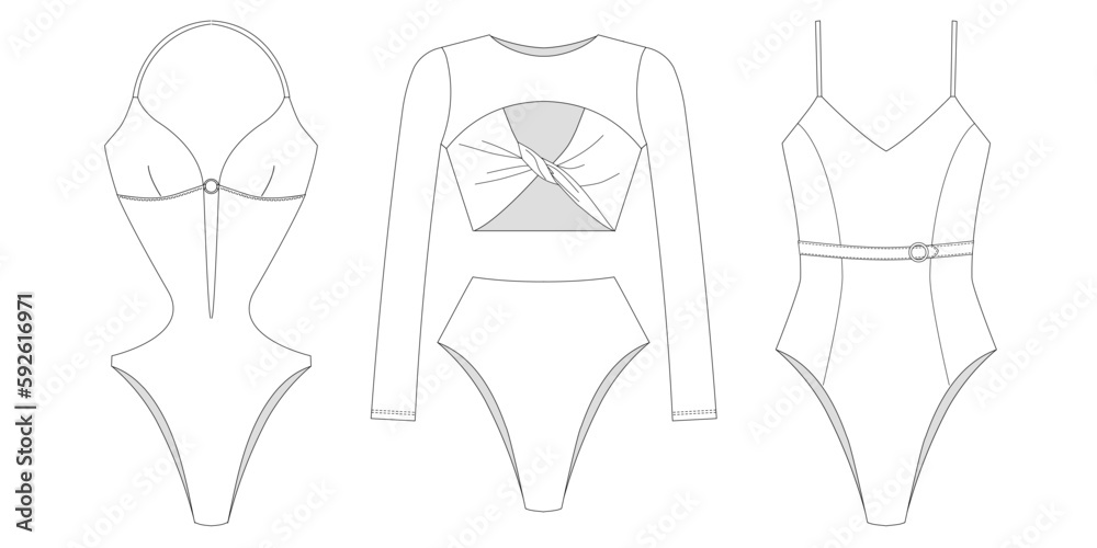 Vector de Stock "Woman and girl sustainable swimwear, technical drawing ...