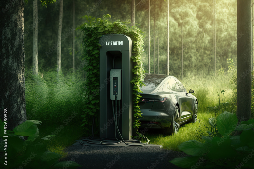 The EV car is charging electrical fuel at the EV station in greenery ...