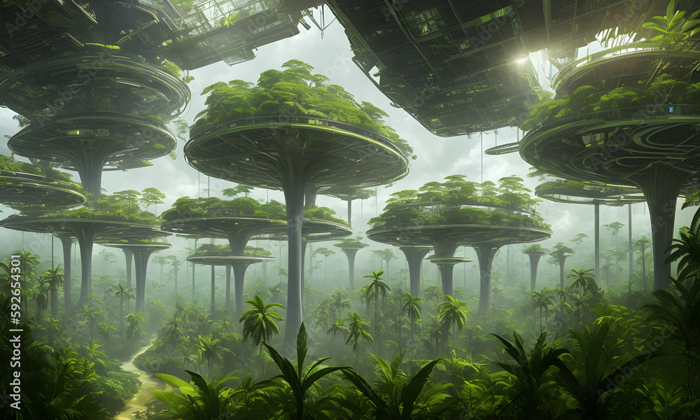 A high tech solarpunk utopia city / metropolis in the amazon in the ...