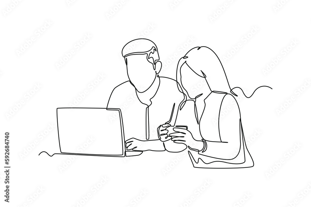 Continuous one line drawing businessman and woman having a discussion ...