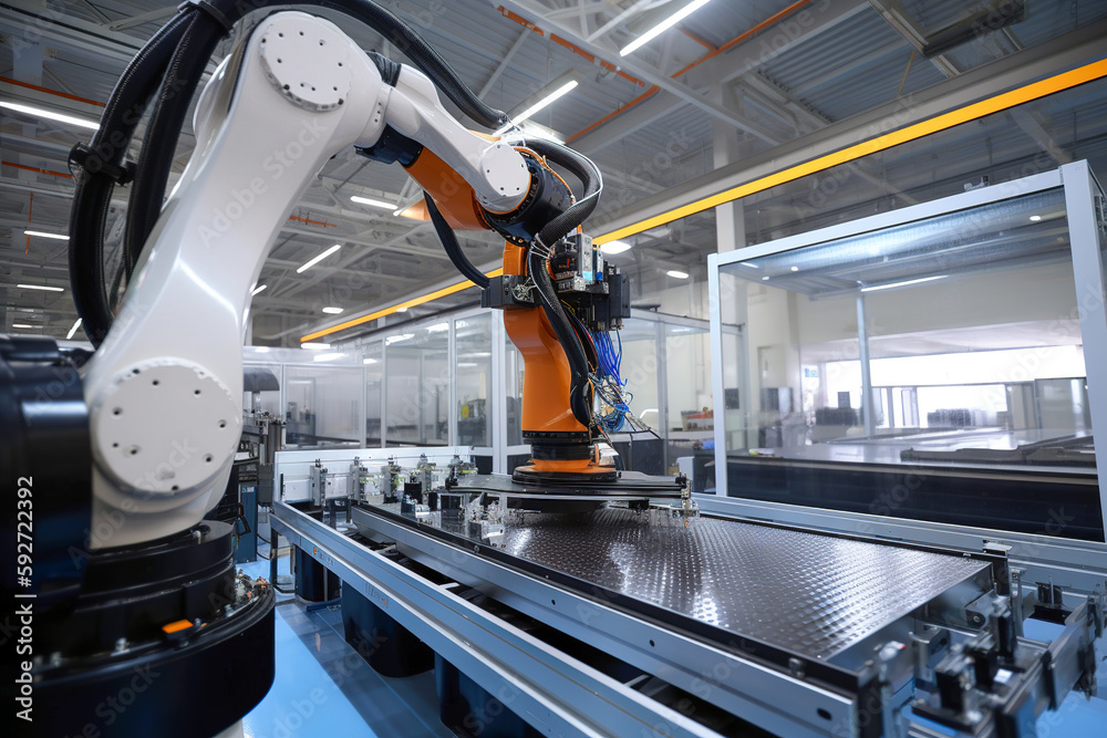robotic arm working on assembly line in factory, industry 4.0 concept ...