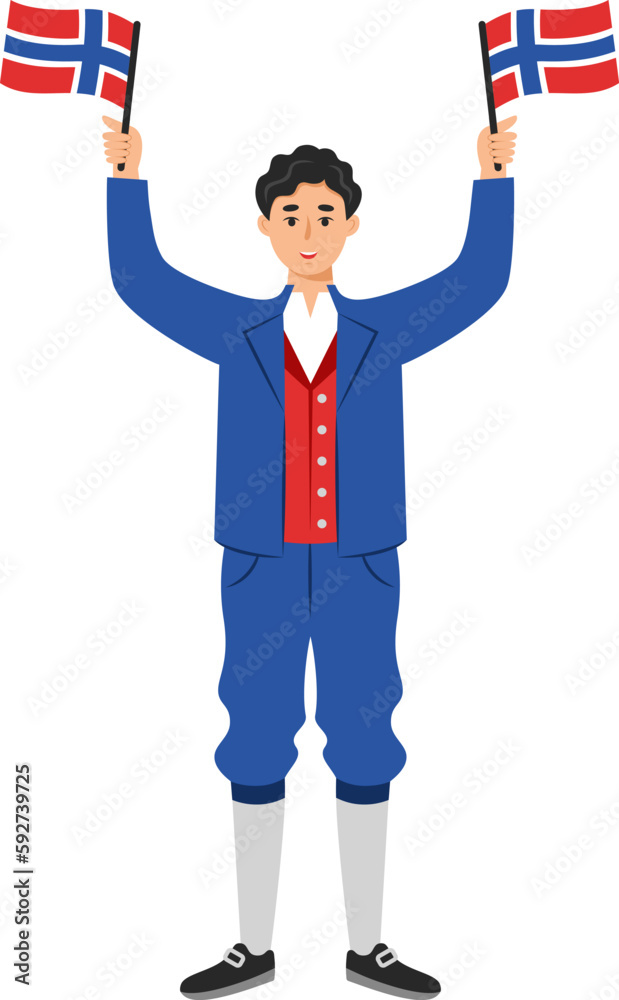 Man in traditional Norwegian costume (bunad) raising national flags ...