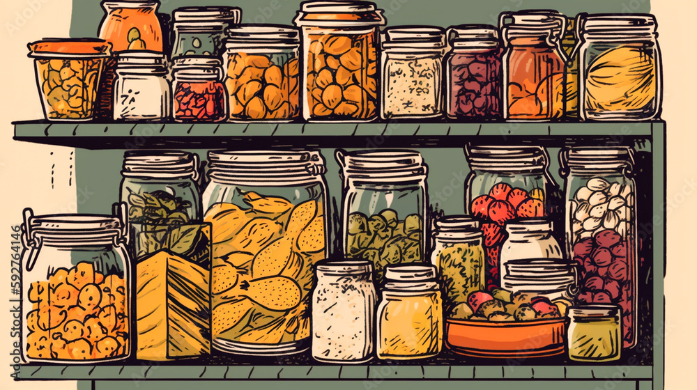 Full kitchen pantry food storage illustration. Generative AI Stock ...