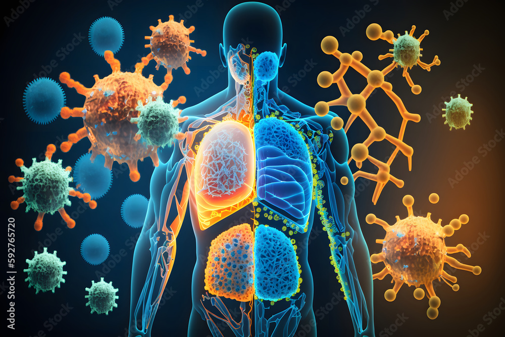 Human immune system silhouette with various virus cells and bacteria ...