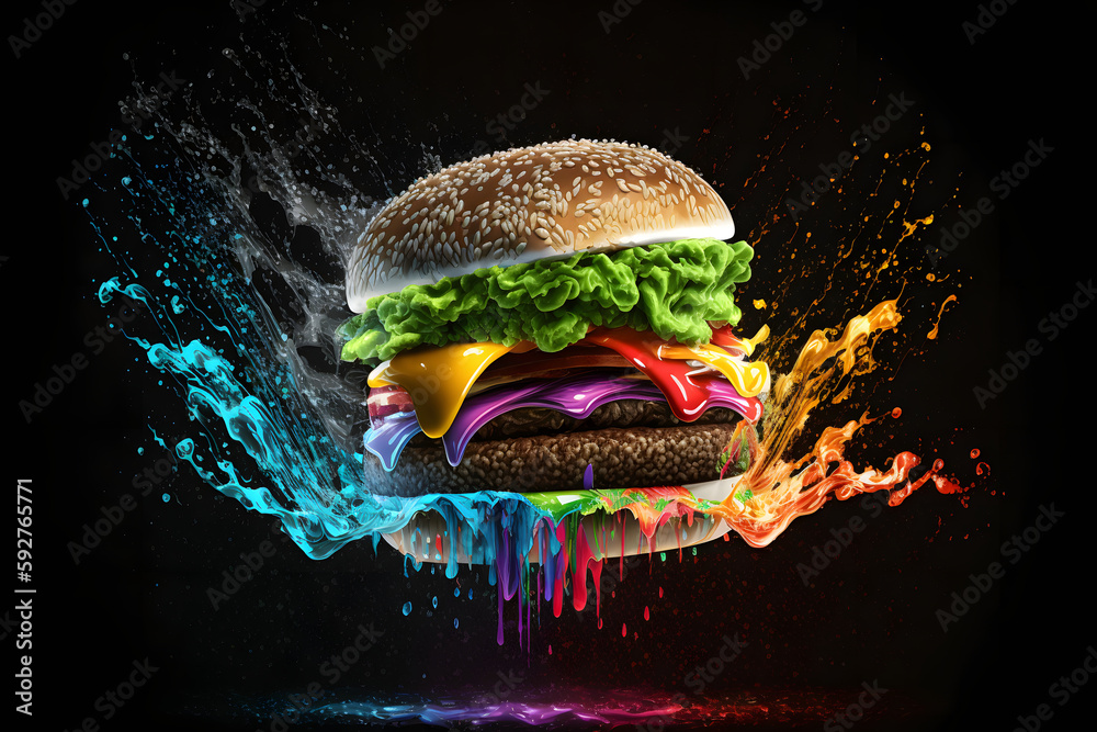 Rainbow color water splash around big burger. Black background. Fast ...