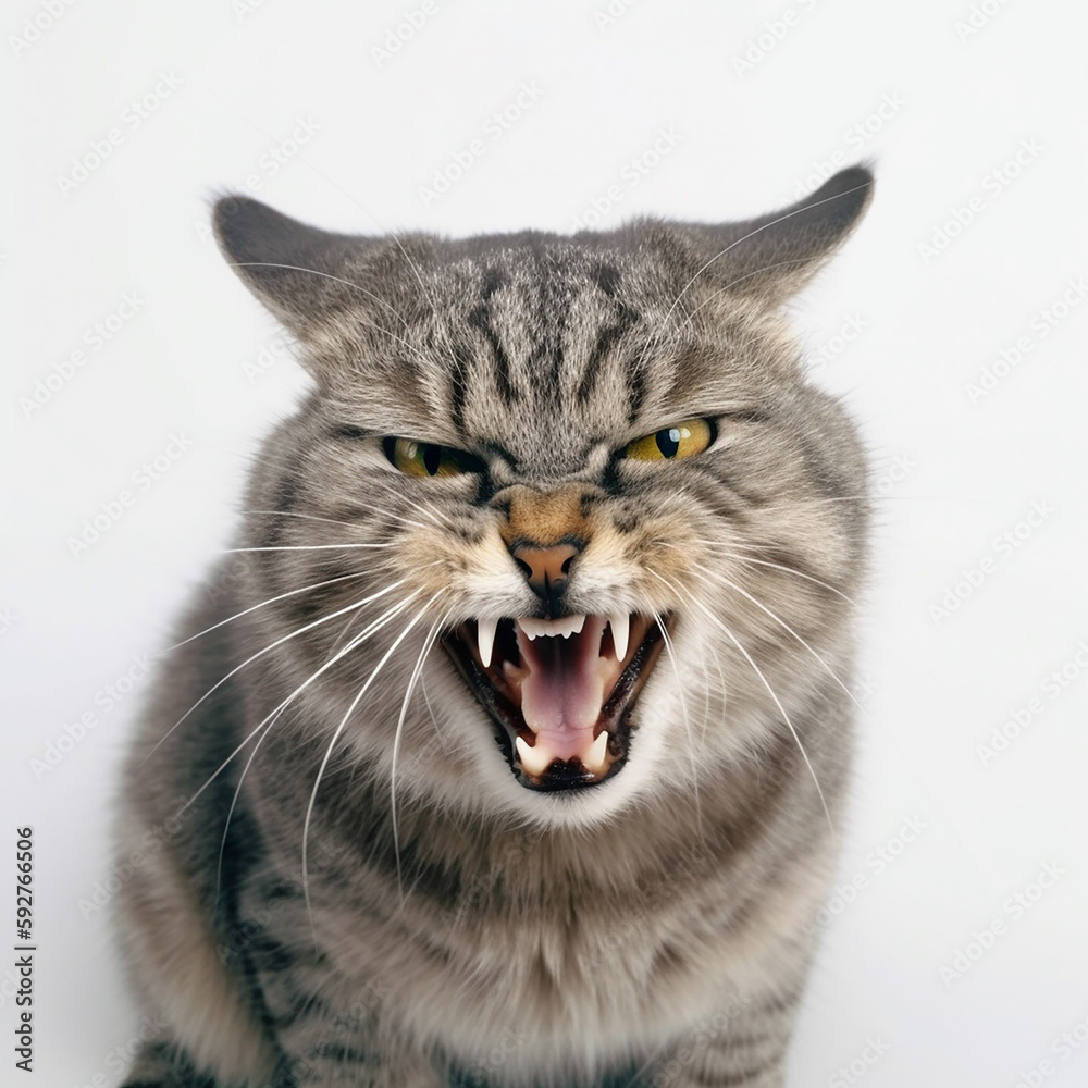 Angry cat, the cat is angry, bares its teeth, hisses, isolated on a ...