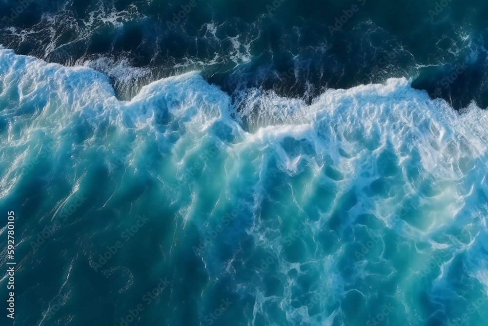 Spectacular aerial top view background photo of blue ocean sea water white wave splashing in the ...