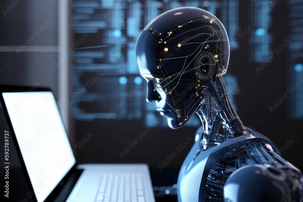 robot, executing code from different programming languages on a computer screen, created with ...