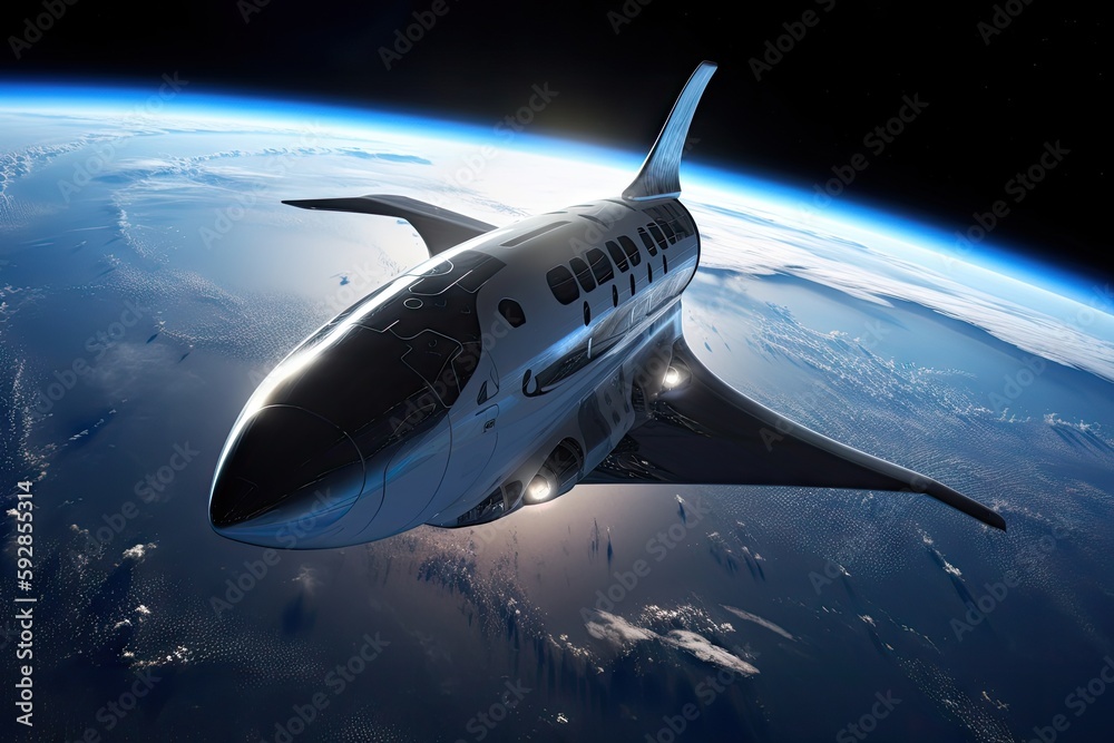 space tourism flight, with view of the earth and moon visible in the ...