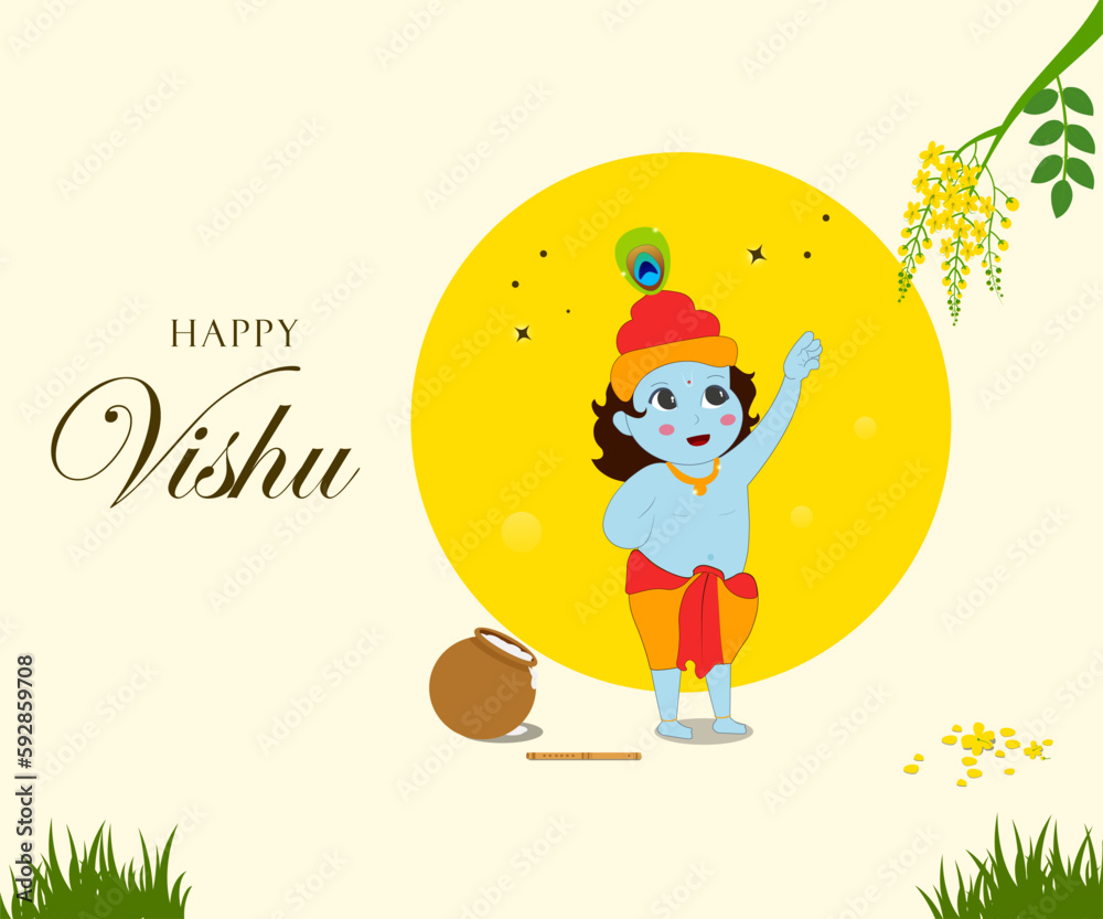 Vector illustration Happy Vishu . lord Krishna with Kani konna flower ...