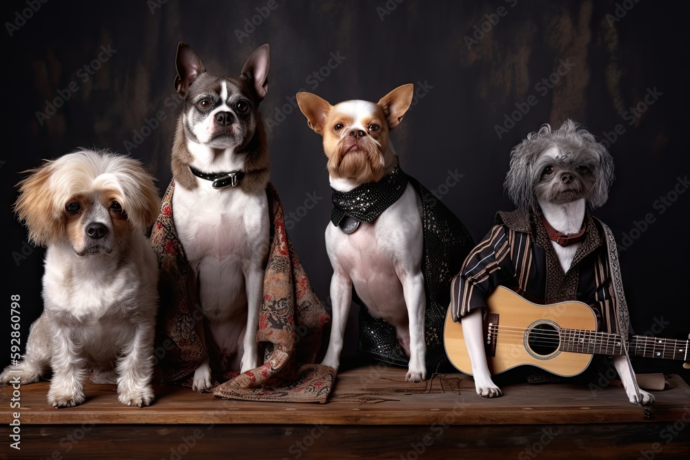 group of dogs like rock stars, posing and showing off their talent ...