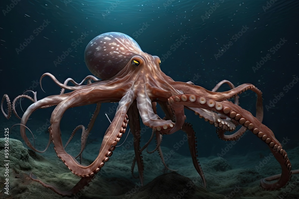 deep-sea octopus kraken's tentacles creeping up from the depths, created with generative ai ...