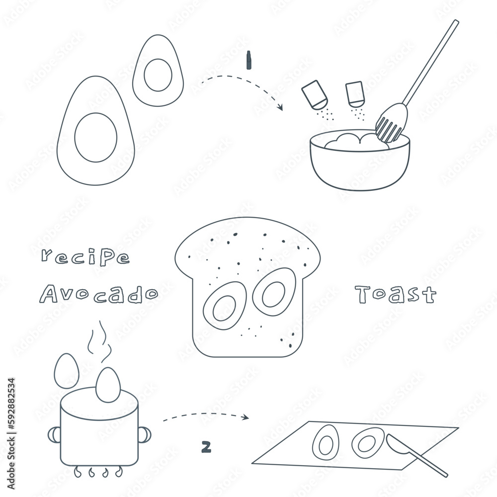 Avocado toast recipe black and white outline icons set isolated on ...
